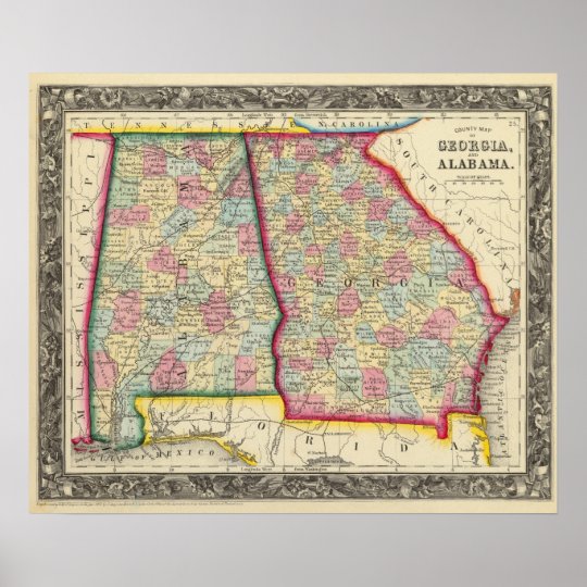 County Map Of Georgia, And Alabama Poster | Zazzle.com