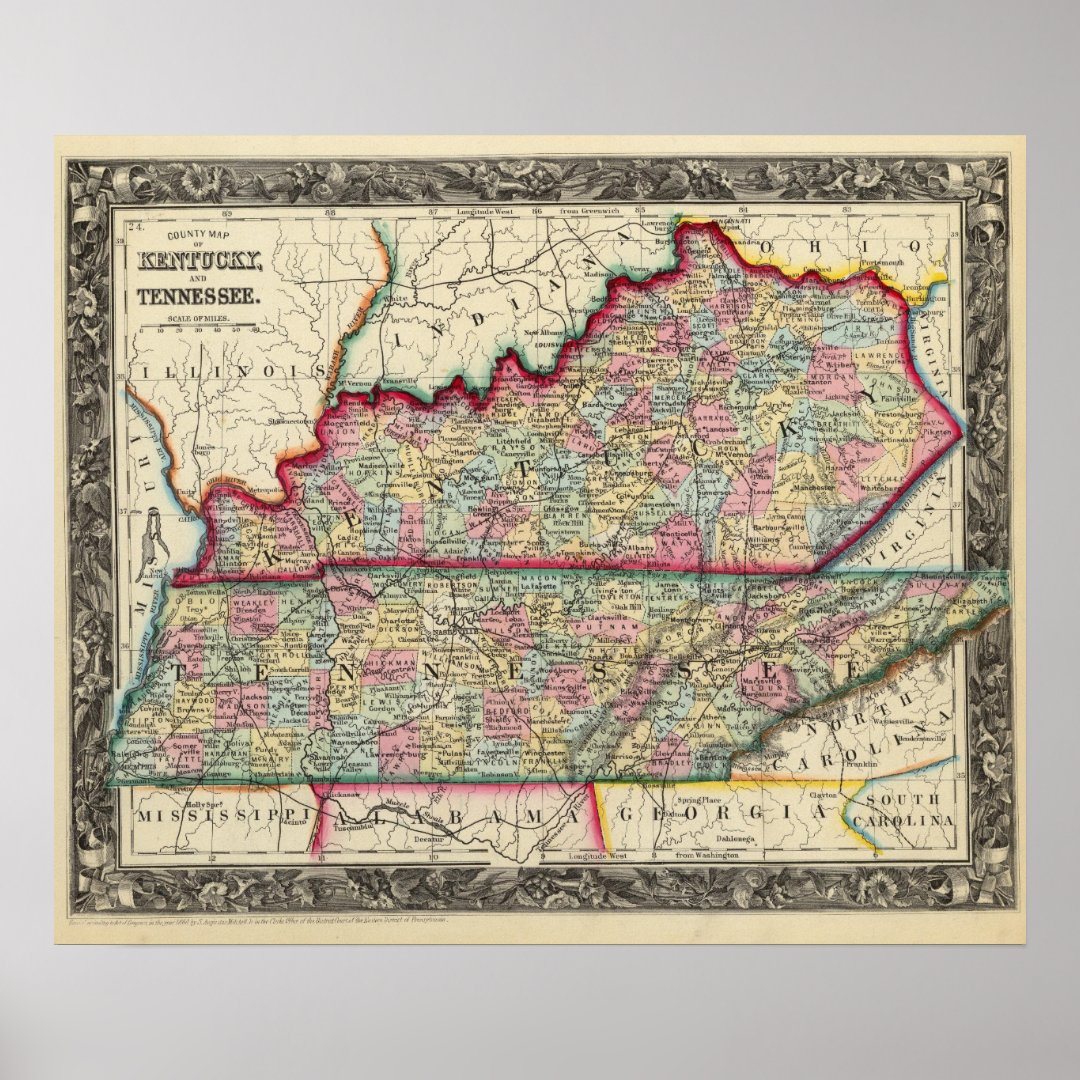 County Map Of Kentucky, And Tennessee Poster | Zazzle