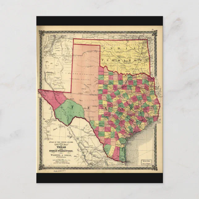 County Map of Texas and Indian Territory (1874) Postcard | Zazzle