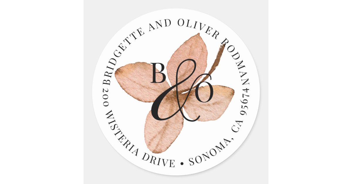 Couple Ampersand Monogram | Rustic Watercolor Leaf Classic Round ...