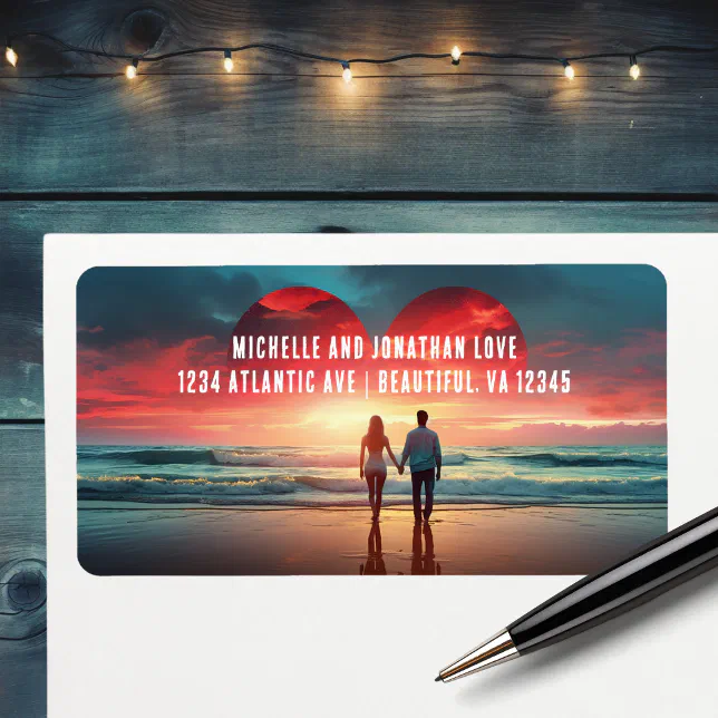 Couple in Love with Heart Sunset Beach Address Label | Zazzle