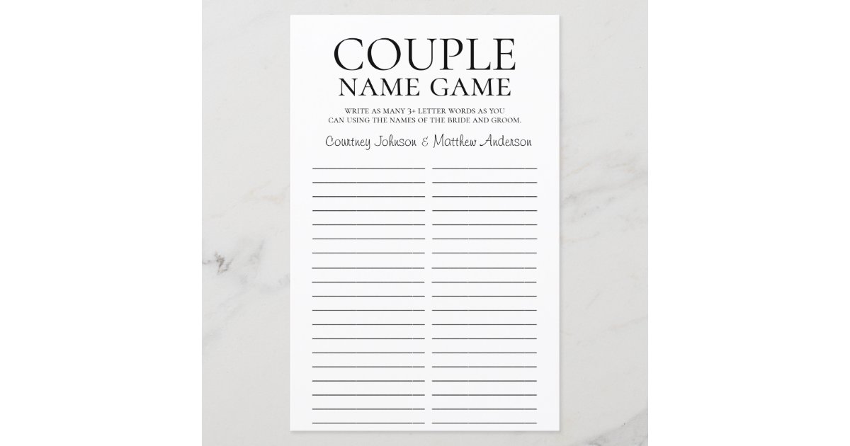 Couple Name Game Bridal Shower Game | Zazzle