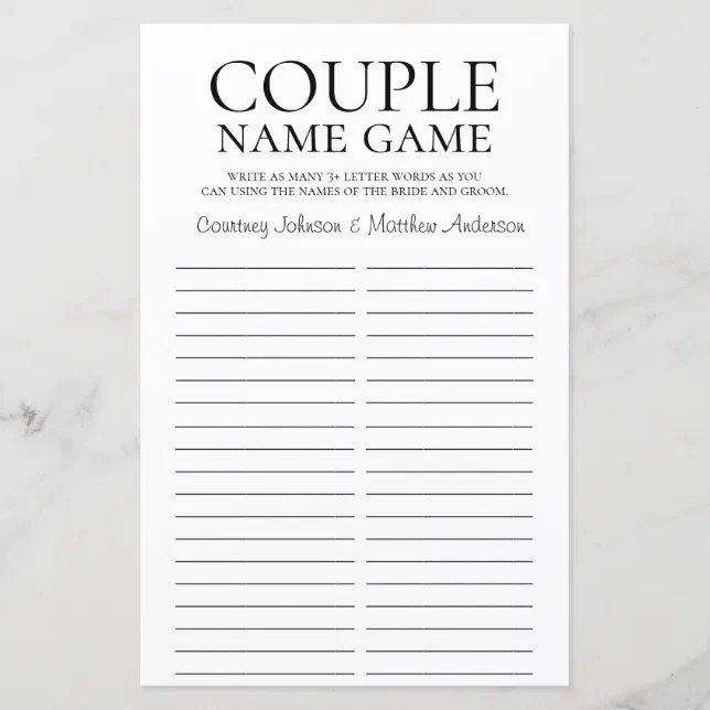 Couple Name Game Bridal Shower Game | Zazzle
