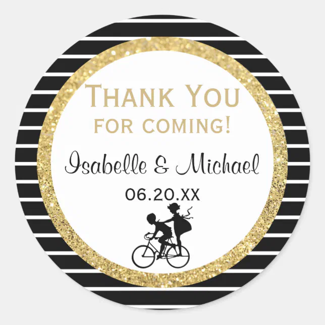 Couple on a Bicycle Gold Thank You Wedding Sticker | Zazzle