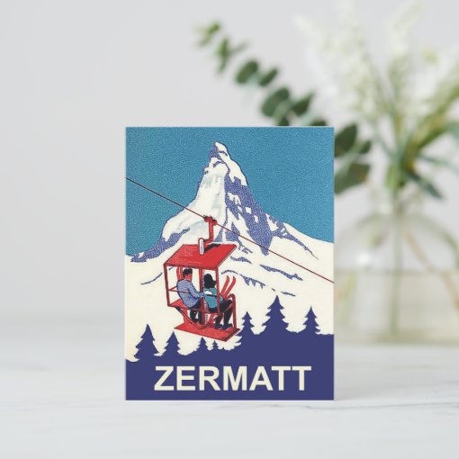 Couple on a ski lift in Zermatt, vintage travel Postcard | Zazzle