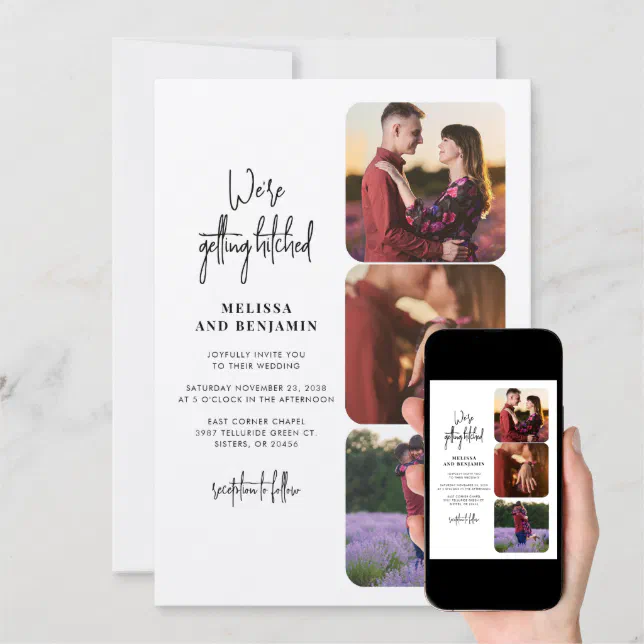 Couple Photo Collage Getting Hitched Wedding Invitation | Zazzle