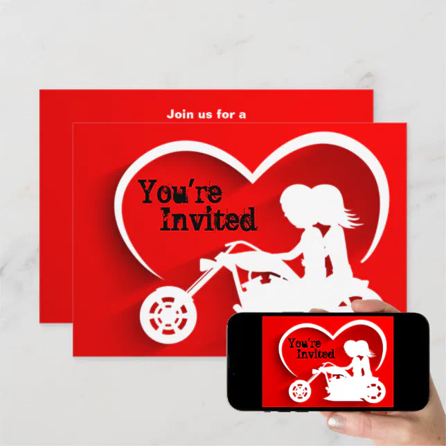 Couple Riding Motorcycle, Heart Wedding Invitation | Zazzle