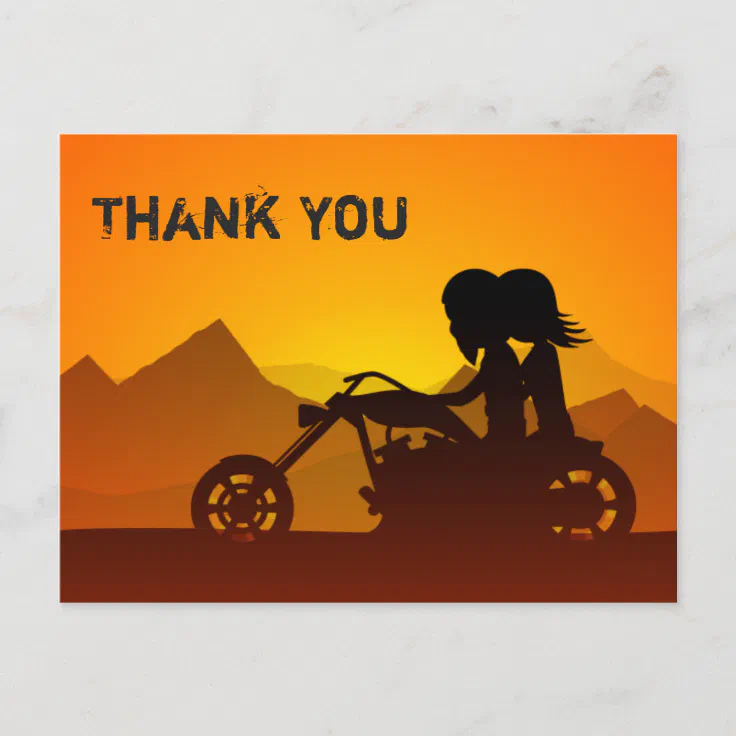 Couple Riding Motorcycle with Mountains Thank You Postcard | Zazzle
