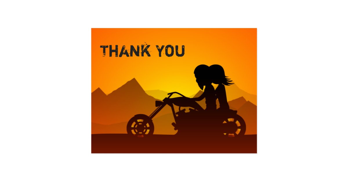 Couple Riding Motorcycle with Mountains Thank You Postcard | Zazzle.com