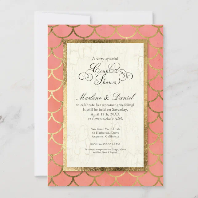 Couples Bridal Shower Geometric Scallop Shell Gold Invitation | Zazzle