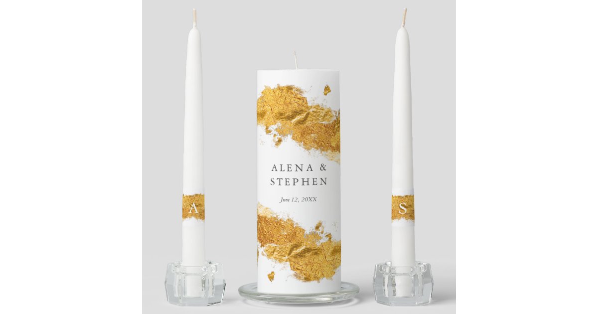Couples Name Gold Leaf Wedding Unity Candle Set | Zazzle