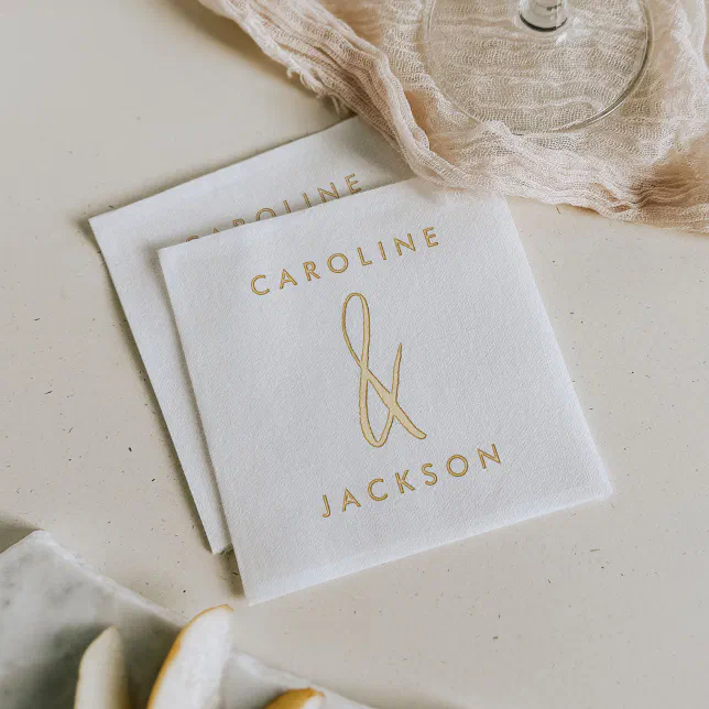 Couples Name Hand-Drawn Ampersand Wedding Gold Foil Napkins | Zazzle