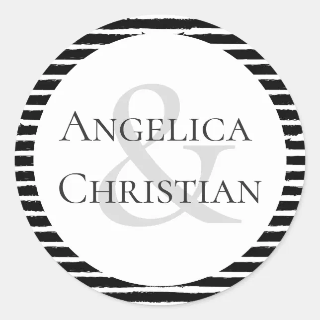 Couples Name Modern Black White Stripe Classic Round Sticker | Zazzle