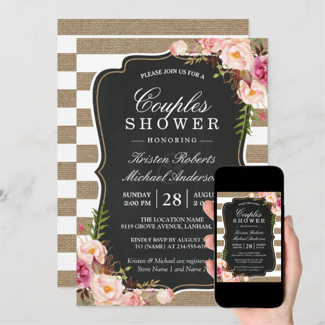 Couples Shower Rustic Chic Burlap Stripes Floral Invitation | Zazzle