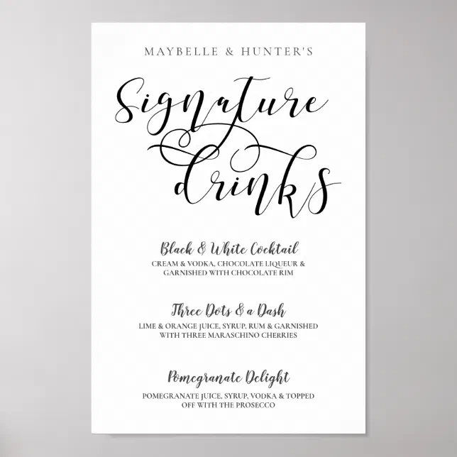 Couple's Signature Drinks Modern Black Calligraphy Poster | Zazzle