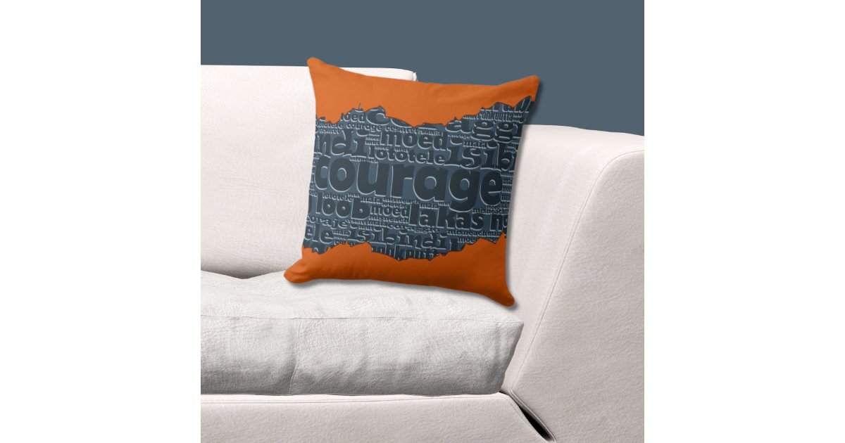 Courage Typography Orange & Blue Ripped Pattern Throw Pillow | Zazzle
