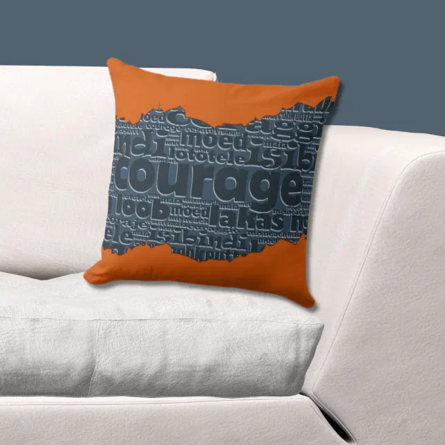 Courage Typography Orange & Blue Ripped Pattern Throw Pillow | Zazzle