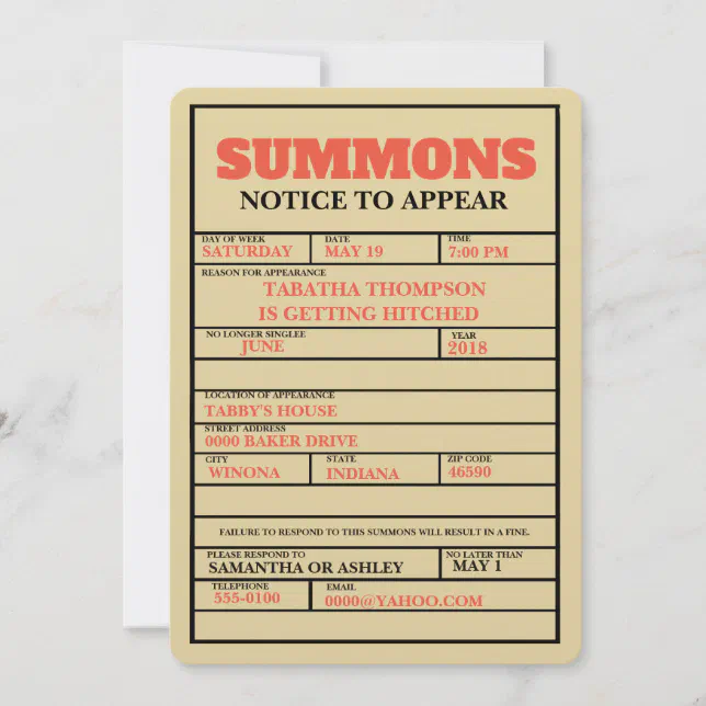Court Summons Bachelorette Invitation | Zazzle