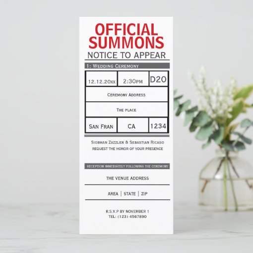 Court Summons Notice To Appear Novelty Wedding Invitation | Zazzle