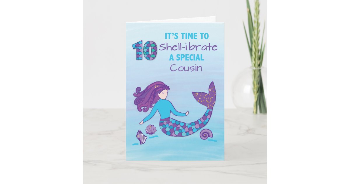 Cousin 10th Birthday Sparkly Look Mermaid Card | Zazzle