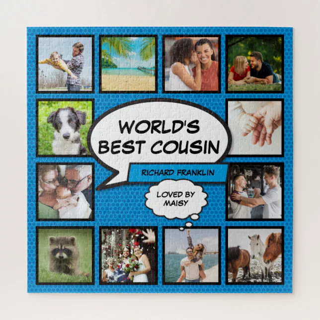 Cousin 12 Photo Collage Comic Book Fun Blue Jigsaw Puzzle | Zazzle