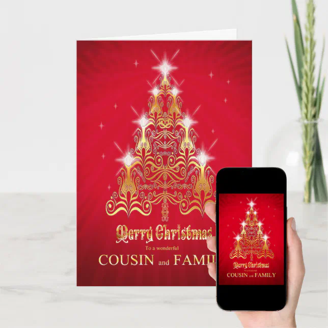 Cousin and family Christmas tree Christmas card | Zazzle