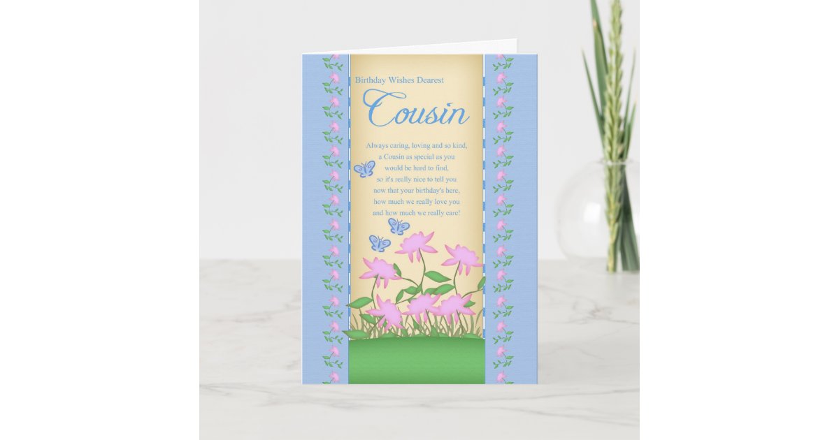 cousin birthday card flowers and butterflies | Zazzle