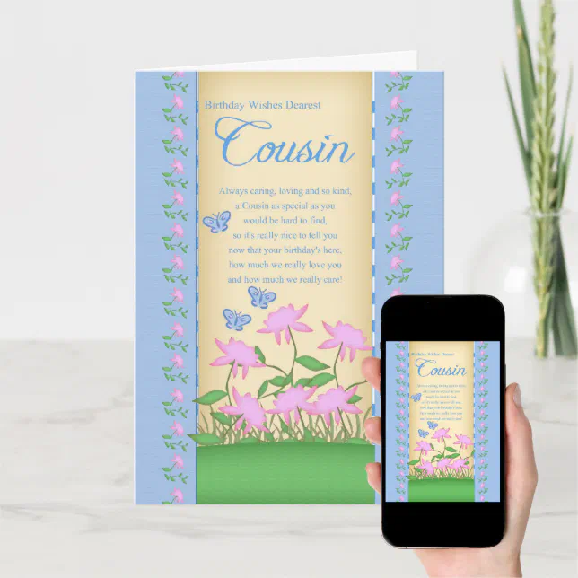 cousin birthday card flowers and butterflies | Zazzle