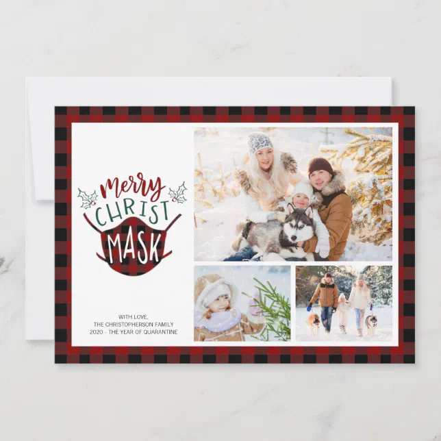 COVID-19 MERRY ChristMASK Buffalo Plaid Red Photo Holiday Card | Zazzle