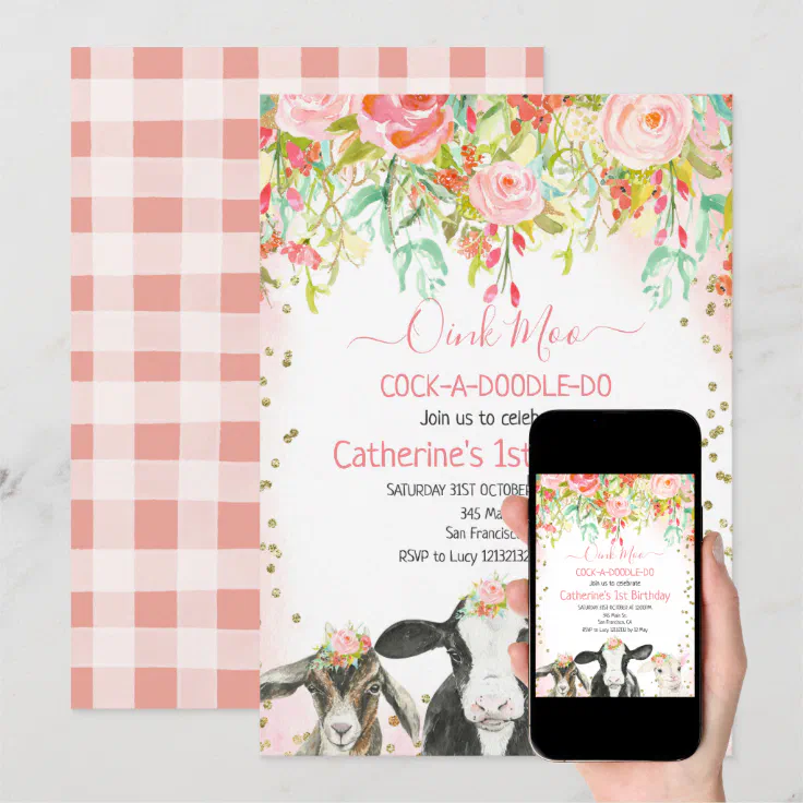Cow Animal Oink Moo Cockadoodle Doo Birthday Invitation | Zazzle