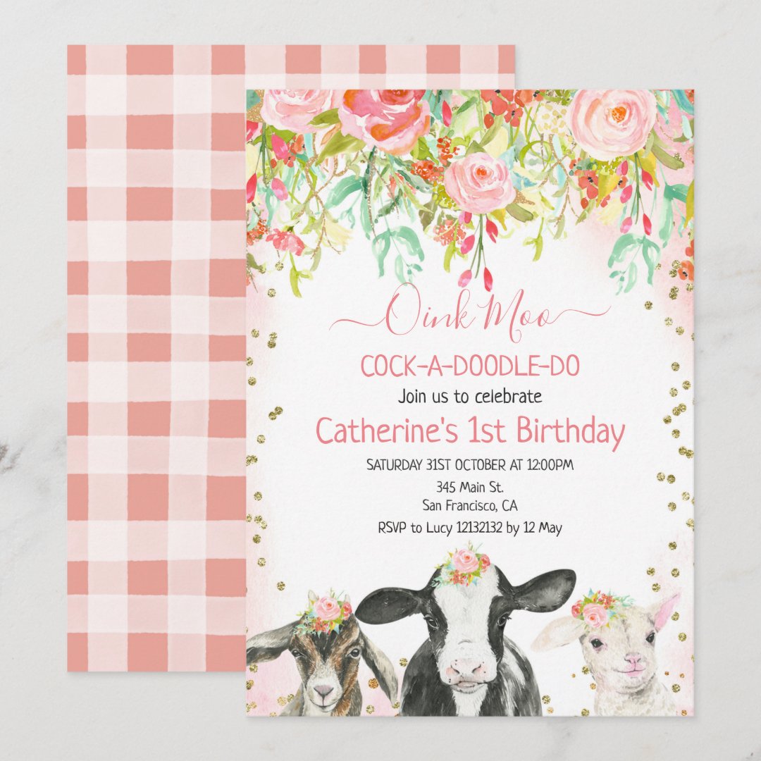 Cow Animal Oink Moo Cockadoodle Doo Birthday Invitation | Zazzle
