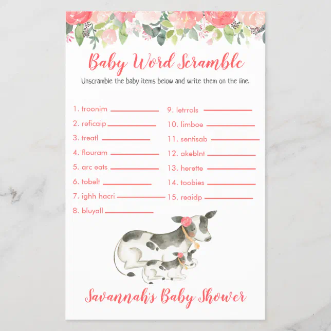 Cow Baby Shower Baby Word Scramble Game | Zazzle