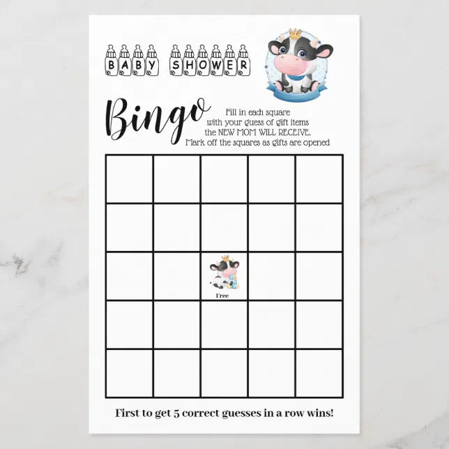 Cow Baby Shower Beautiful Dream Bingo Game Card Flyer | Zazzle