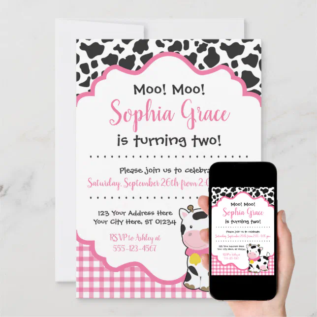 Cow Birthday Party Invitation | Pink and Black | Zazzle
