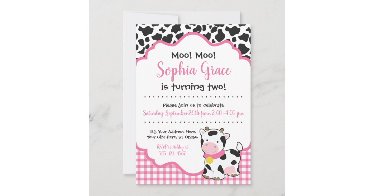 Cow Birthday Party Invitation | Pink and Black | Zazzle