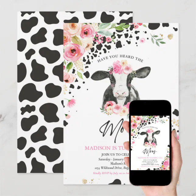 Cow Birthday Party Pink Floral Farm Ranch Birthday Invitation | Zazzle