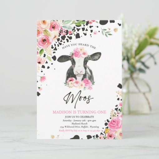 Cow Birthday Party Pink Floral Farm Ranch Birthday Invitation | Zazzle