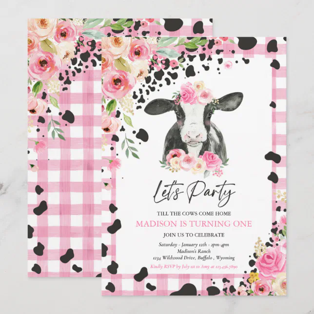 Cow Birthday Party Pink Floral Farm Ranch Birthday Invitation | Zazzle