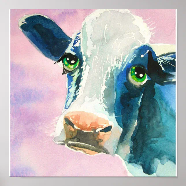 Cow face with green eyes watercolor painting poster | Zazzle