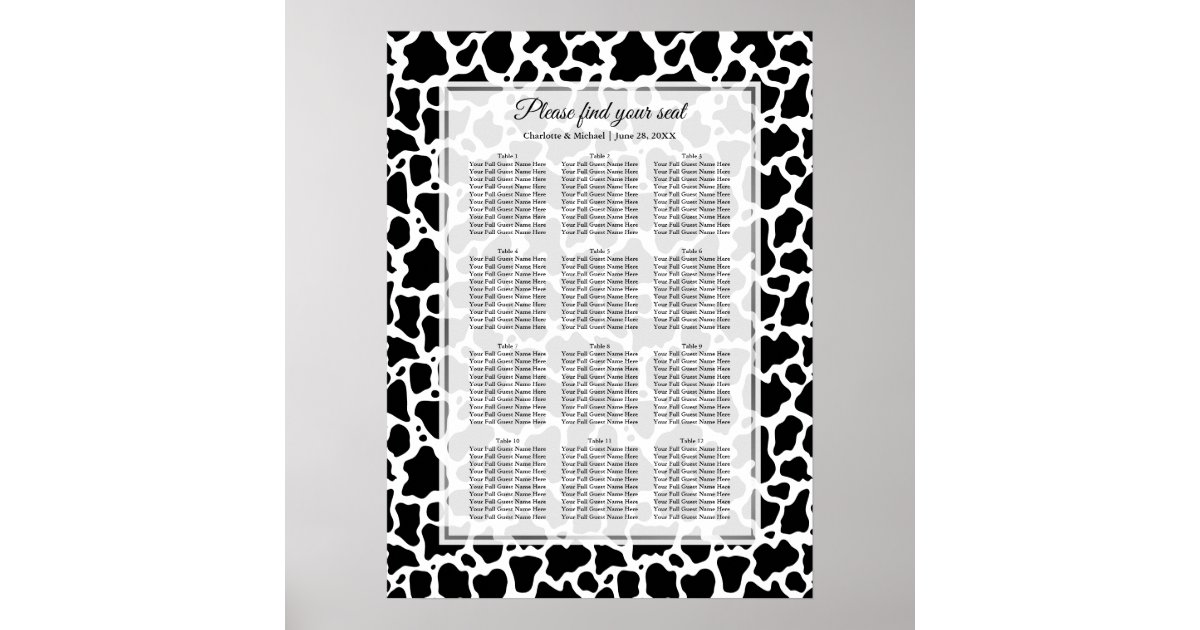 Cow Pattern Wedding Seating Chart Poster | Zazzle