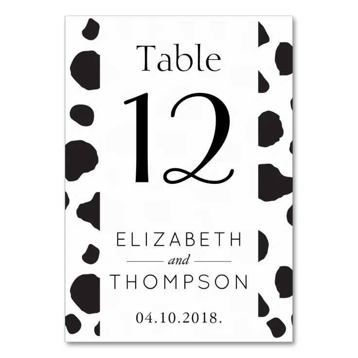 Cow Print, Cow Spots, Black And White, Wedding Table Number | Zazzle