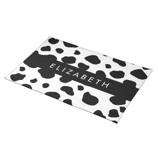 Cow Print, Cow Spots, Black And White, Your Name Cloth Placemat | Zazzle
