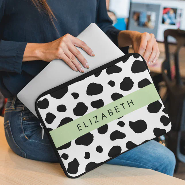 Cow Print, Cow Spots, Black And White, Your Name Laptop Sleeve | Zazzle