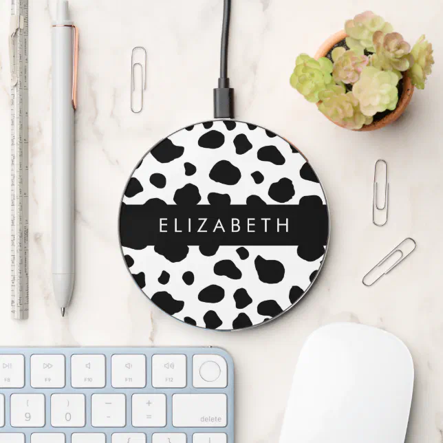 Cow Print, Cow Spots, Black And White, Your Name Wireless Charger | Zazzle