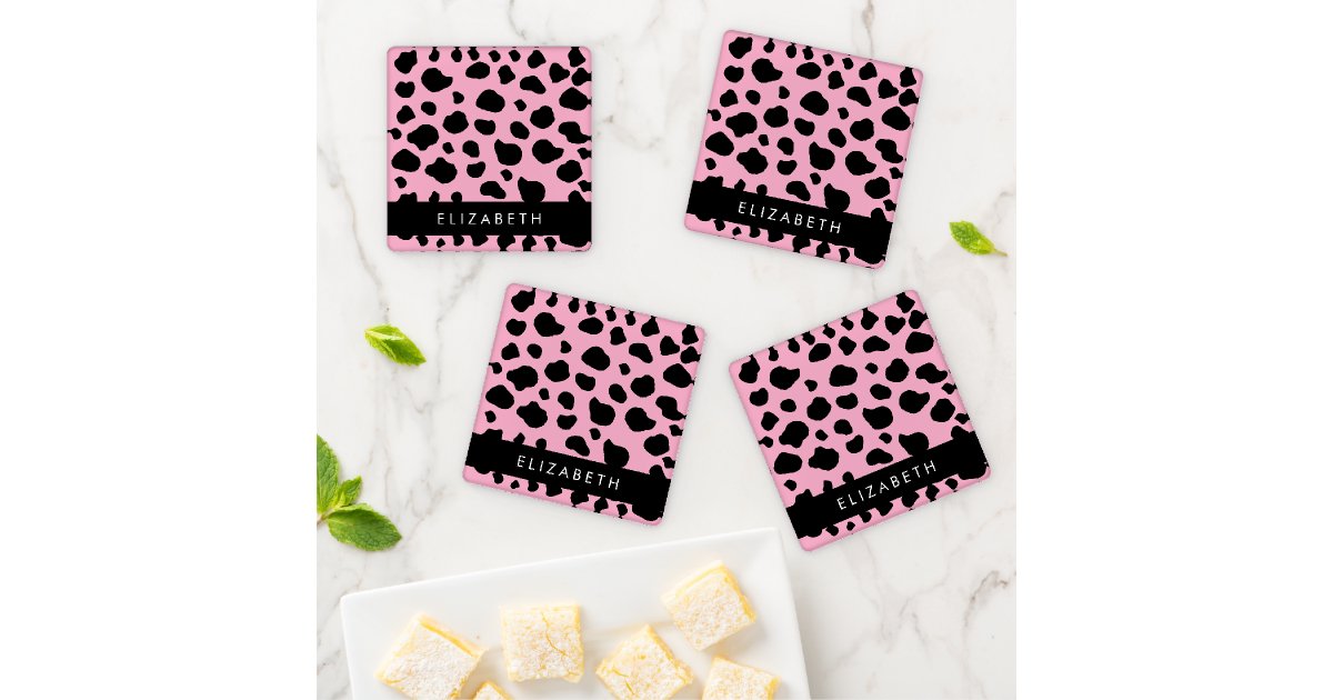 Cow Print, Cow Spots, Pink Cow, Your Name Coaster Set | Zazzle