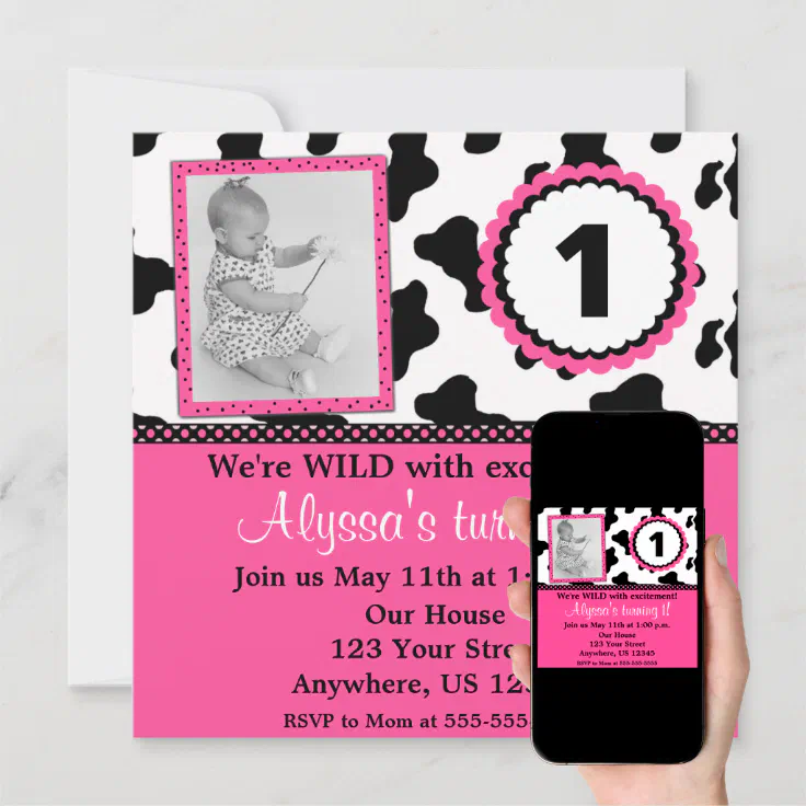 Cow Print Pink Girls Birthday Invite ANY AGE | Zazzle