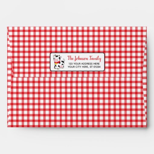 Cow Print, Red Plaid Envelope | A7 Size | 5x7 Card | Zazzle