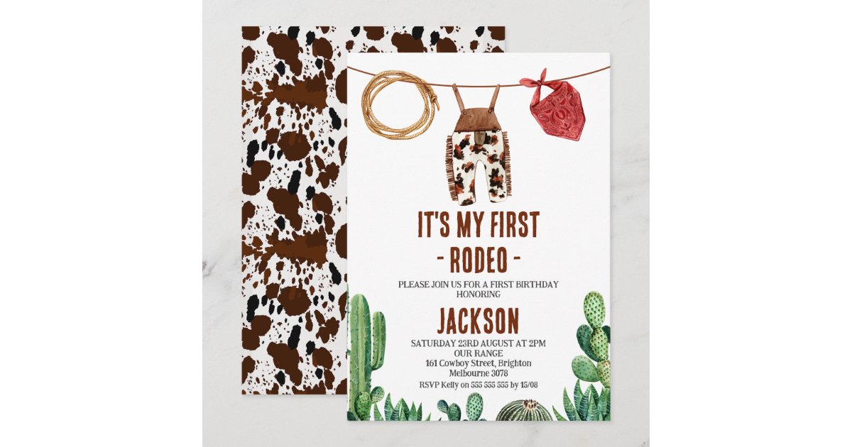Cow Print Rustic First Rodeo Cowboy Invitation | Zazzle