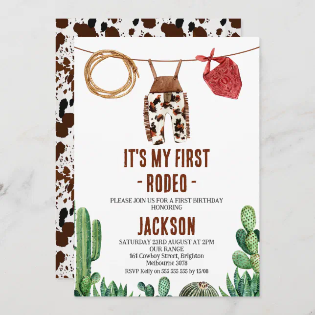 Cow Print Rustic First Rodeo Cowboy Invitation | Zazzle