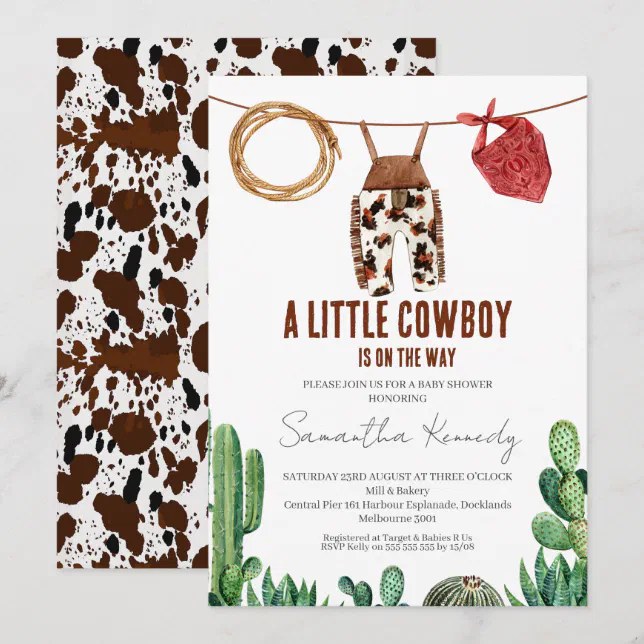 Cow Print Rustic Little Cowboy Baby Shower Invitation | Zazzle